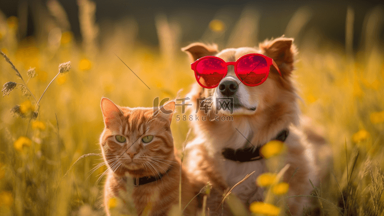狗和猫在草地上一起戴着太阳镜高清摄影大图-千库网