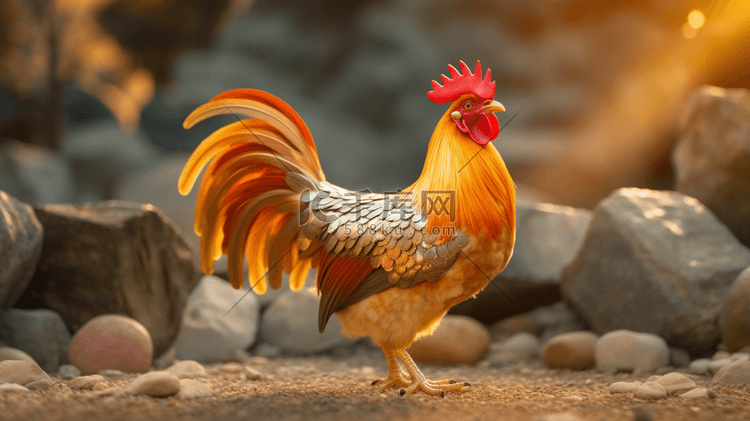 在一些岩石和泥土附近的一只公鸡高清摄影大图-千库网