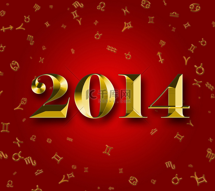 金色的 2014 年和红色背景中的占星术标志高清摄影大图-千库网