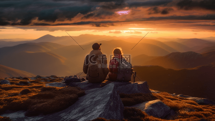 一对夫妇在山顶看太阳初升高清摄影大图-千库网