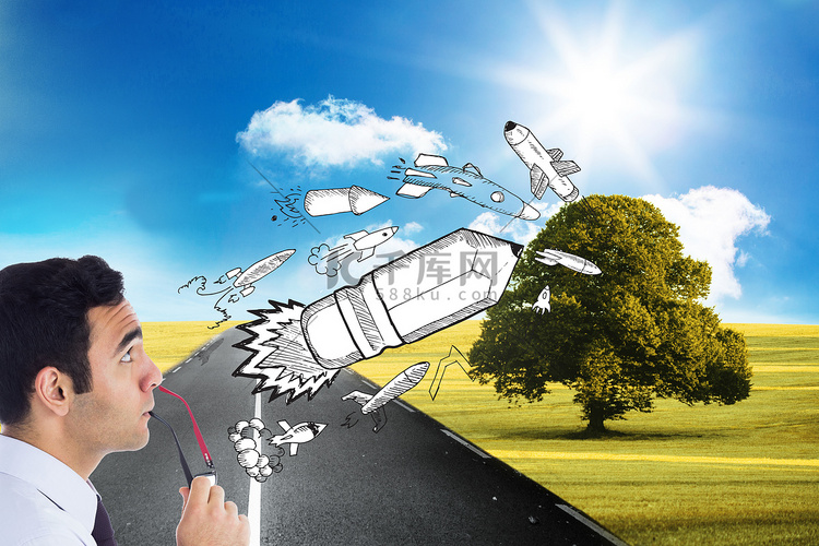 拿着眼镜的有思想的商人的复合形象高清摄影大图-千库网