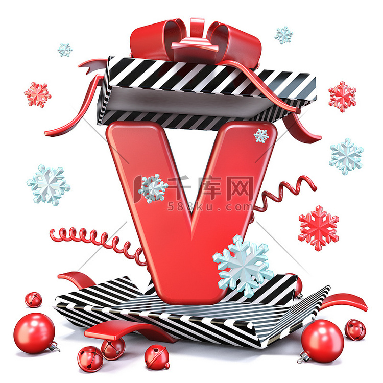 打开礼品盒 3D 内的红色字母 V高清摄影大图-千库网