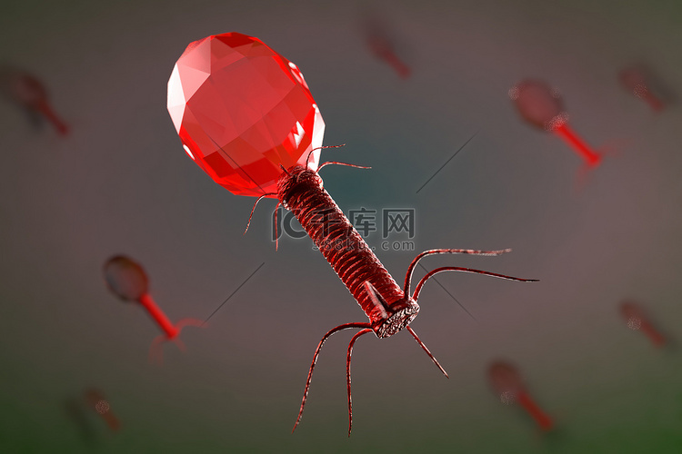 3d 插图，绿色背景下显微镜噬菌体的特写高清摄影大图-千库网