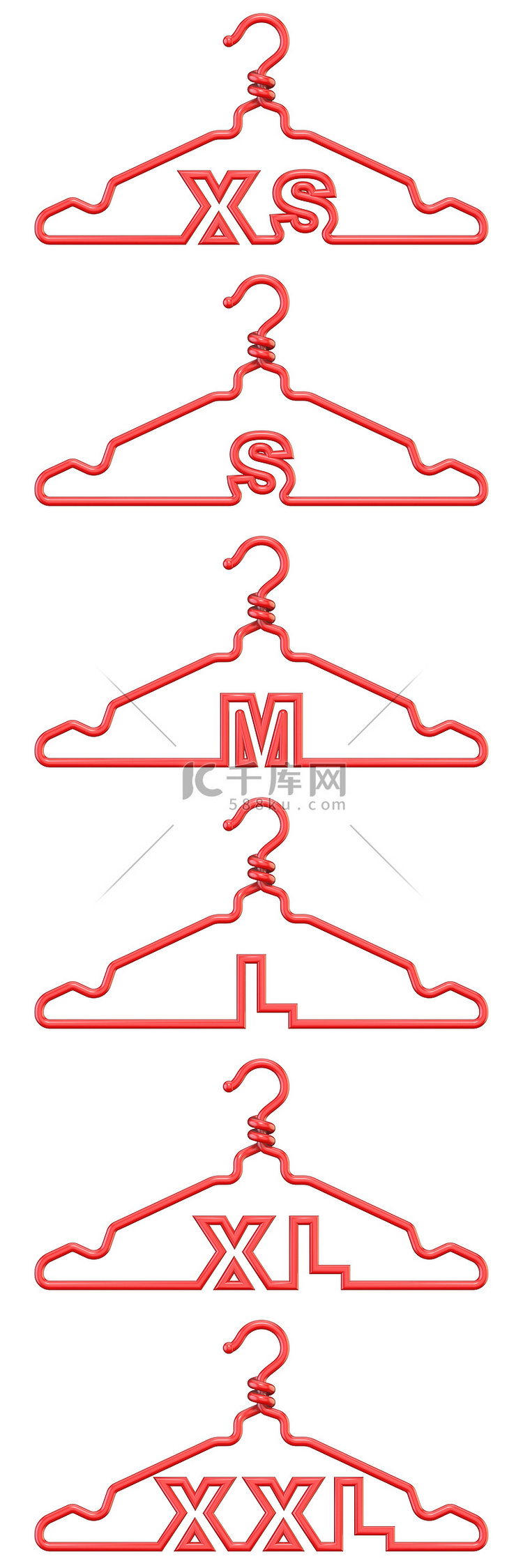 带尺码标志的金属丝布衣架 XS、S、M、L、XL 和 XXL 3D高清摄影大图-千库网