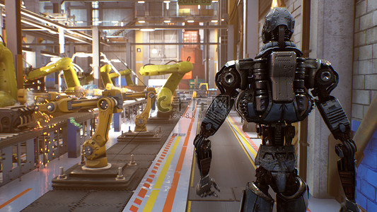 未来派机器人检查汽车工厂的自动生产线。 高清摄影大图-千库网