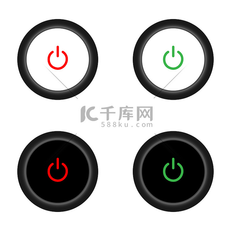 一组 2 个深灰色背景的 On Off 电源按钮，Off 按钮用红色圆圈包围，而 on 按钮用绿色圆圈包围，高清摄影大图-千库网