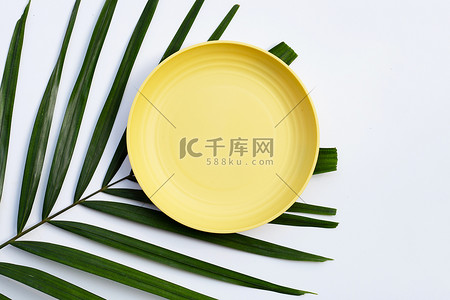 白色背景热带棕榈叶上的空黄色盘子。高清摄影大图-千库网