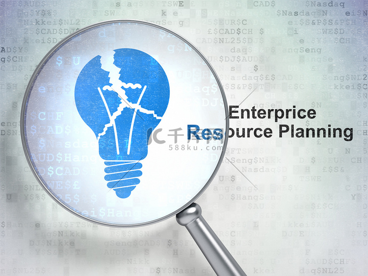 财务概念： 灯泡和企业资源规划与光学玻璃高清摄影大图-千库网