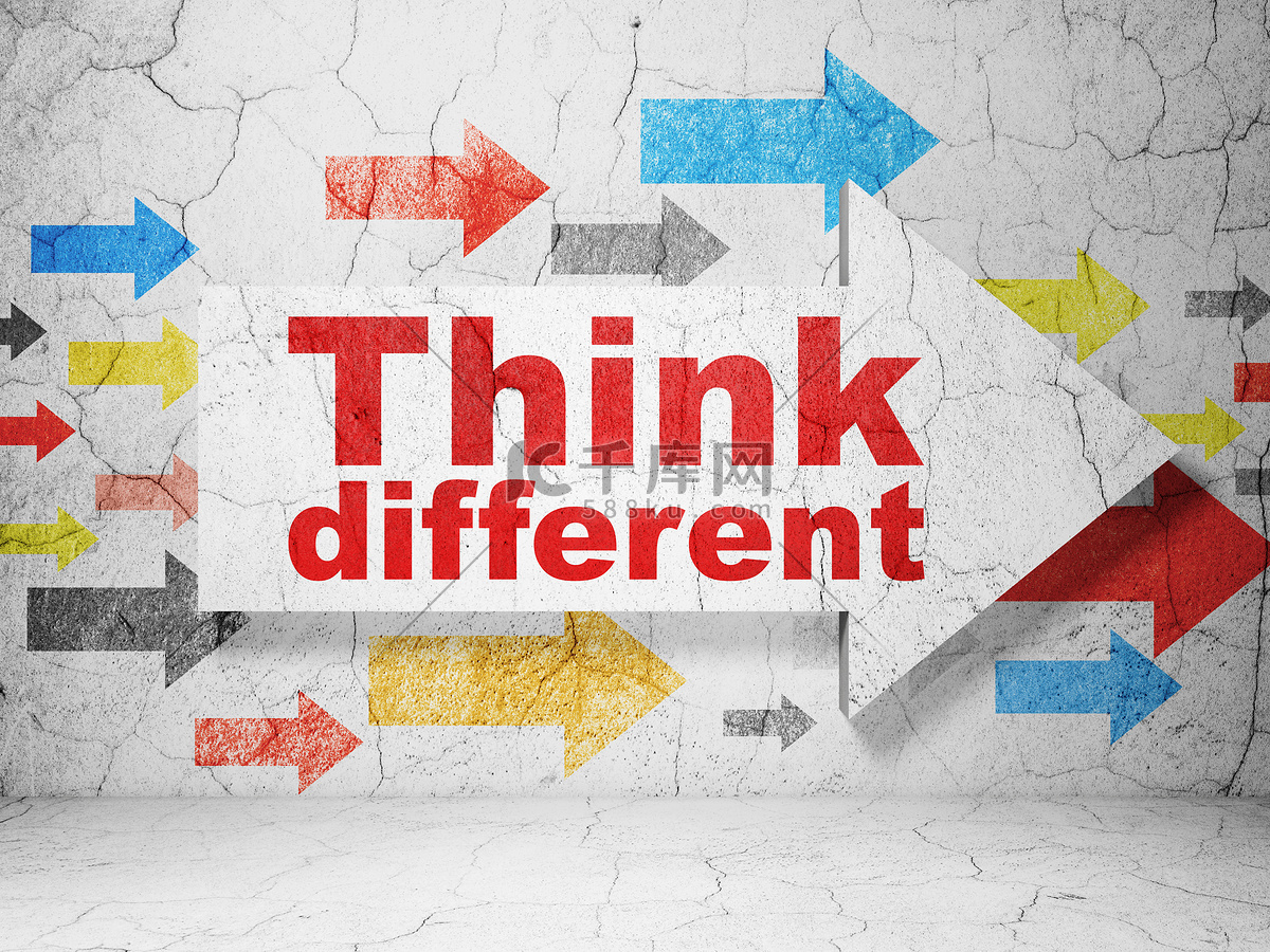 学习理念：垃圾墙背景上带有 Think Different 的箭头高清摄影大图-千库网