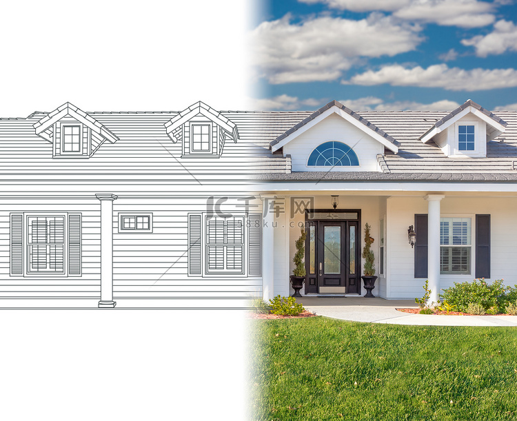 房屋蓝图逐渐变成完成的照片。高清摄影大图-千库网