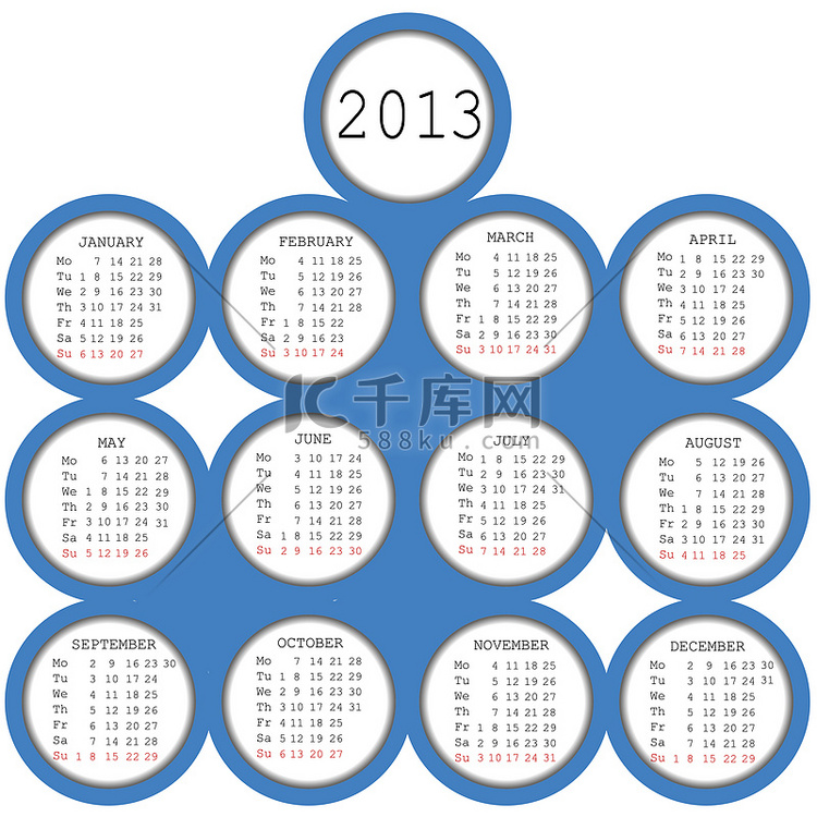 带有蓝色圆圈的 2013 年日历高清摄影大图-千库网