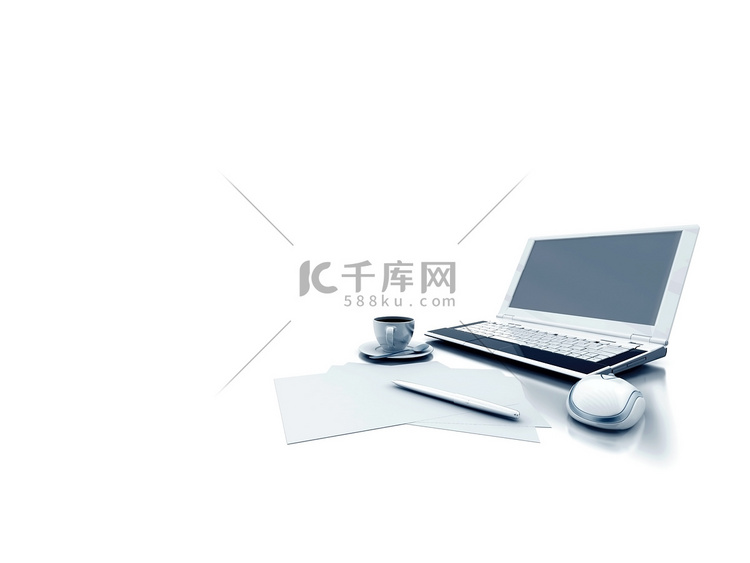 白色背景中的笔记本电脑文件和咖啡高清摄影大图-千库网