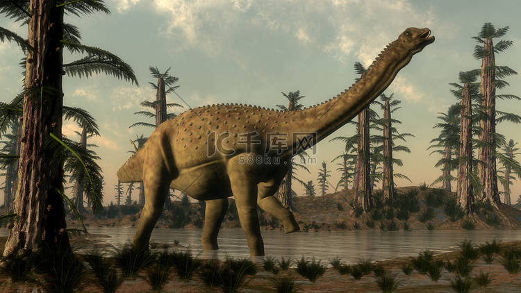 湖中的 Uberabatitan 恐龙 — 3D 渲染高清摄影大图-千库网
