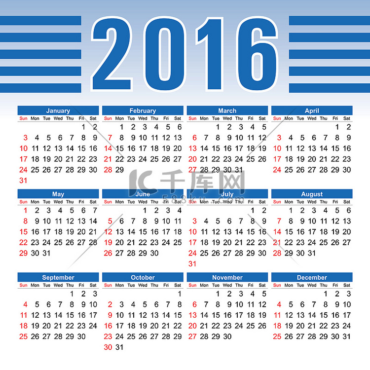 2016 年日历英语高清摄影大图-千库网