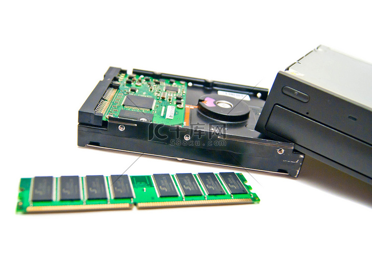 白色背景中的硬盘、CD-ROM 和计算机内存高清摄影大图-千库网