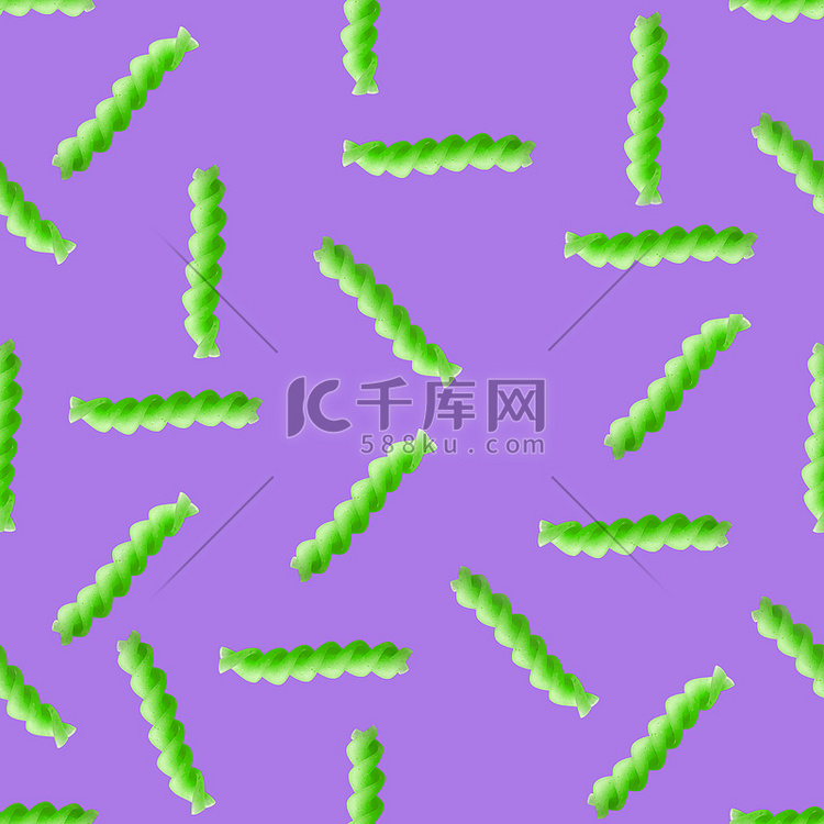 霓虹灯 Fusilli 意大利面随机平铺在紫色背景上，没有阴影。高清摄影大图-千库网