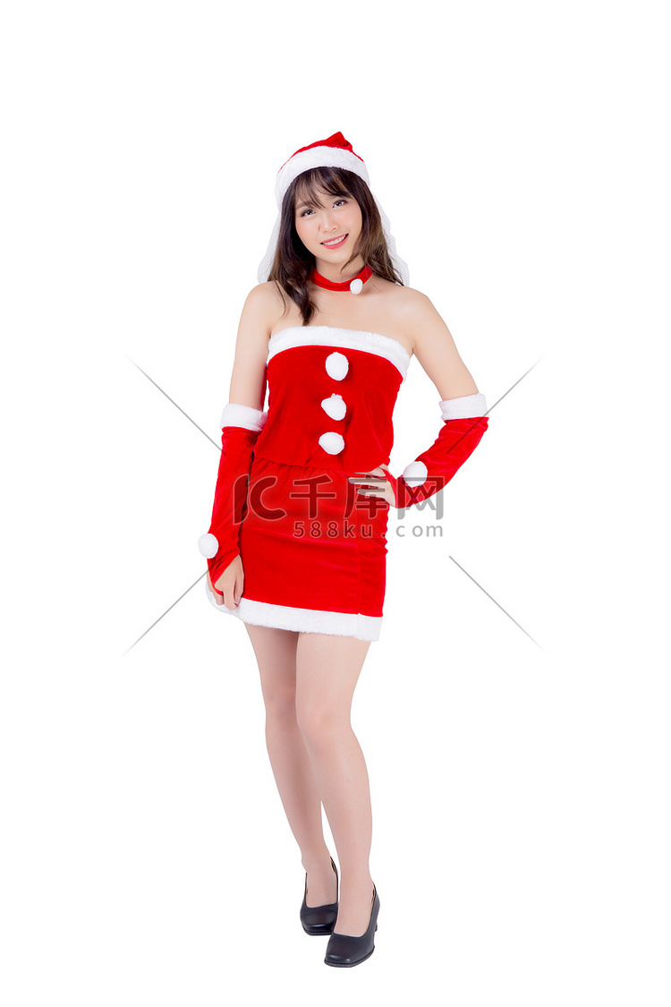 美丽的肖像年轻亚洲女人圣诞老人服装戴帽子微笑高清摄影大图-千库网