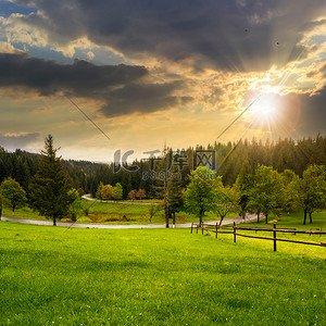 日落时森林附近草地上的栅栏高清摄影大图-千库网
