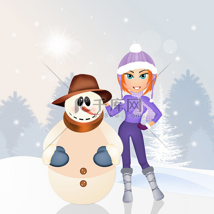 女孩堆雪人高清摄影大图-千库网