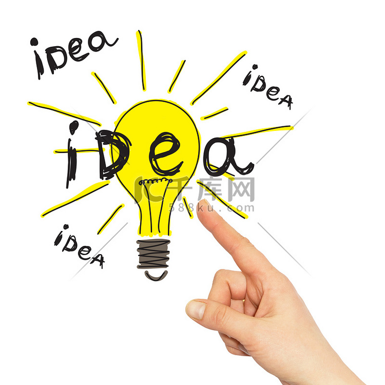 指向素描灯泡的手高清摄影大图-千库网