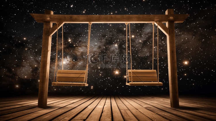 在繁星点点的夜里，棕色的木头秋千高清摄影大图-千库网