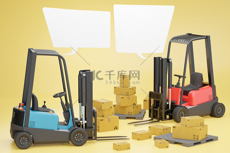 有纸板箱的两辆铲车。高清摄影大图-千库网