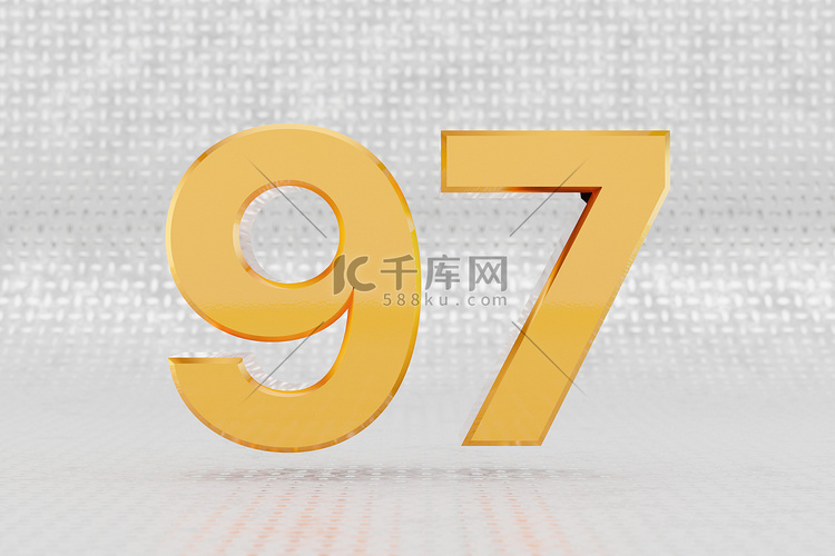 黄色 3d 数字 97。金属地板背景上有光泽的黄色金属数字。 高清摄影大图-千库网