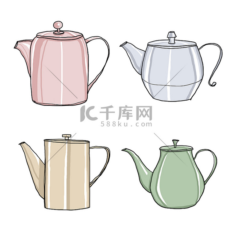 咖啡壶手绘套装可爱绘画插画高清摄影大图-千库网