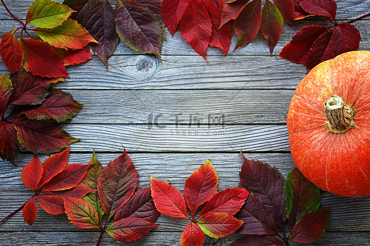 木制背景中的秋叶和南瓜布局高清摄影大图-千库网