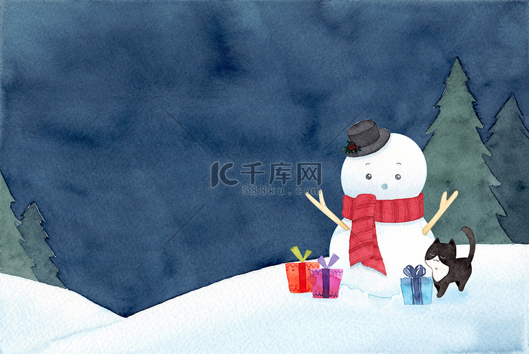 戴着帽子和红色围巾的雪人。高清摄影大图-千库网