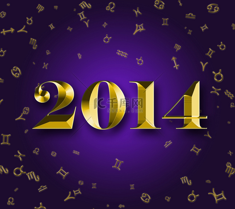 金色 2014 年和暗紫色背景中的占星术标志高清摄影大图-千库网