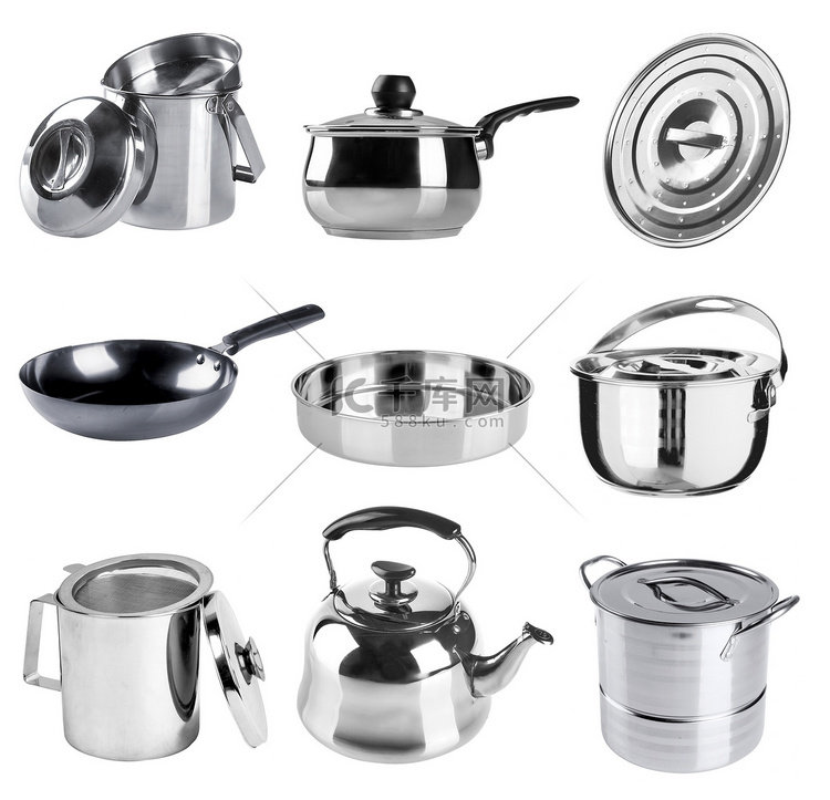 背景中的不锈钢厨具系列高清摄影大图-千库网