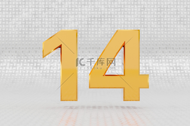 黄色 3d 数字 14。金属地板背景上有光泽的黄色金属数字。 高清摄影大图-千库网