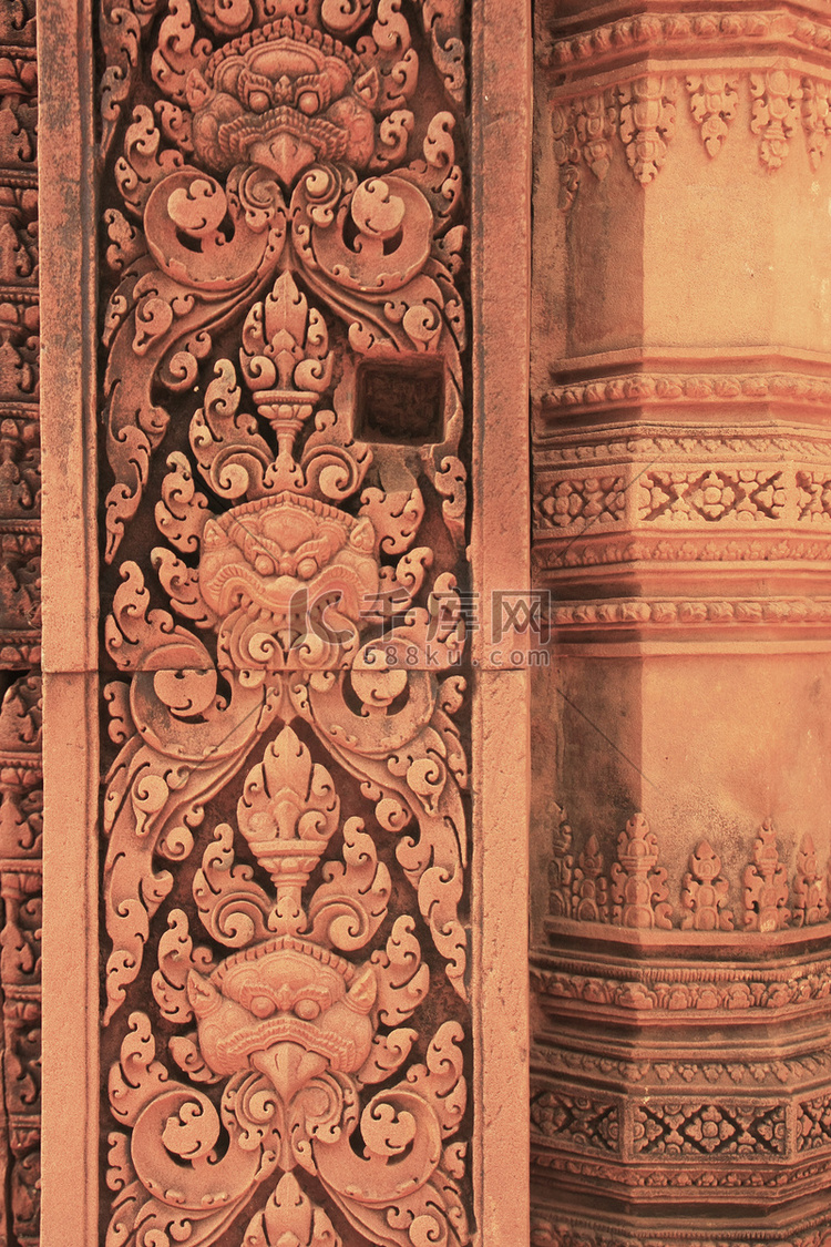 装饰墙壁雕刻， Banteay Srey寺庙，吴哥地区，暹罗高清摄影大图-千库网