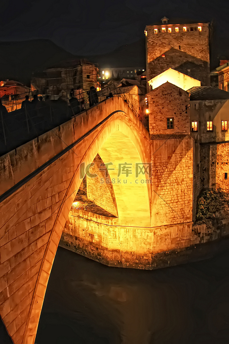 Stari Most at night, 莫斯塔尔, 波斯尼亚和黑塞哥维那高清摄影大图-千库网