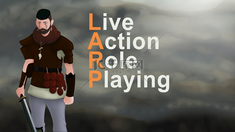 Larp 游戏文字文本与战士武装在渐变背景上的维京剑和皮革盔甲。高清摄影大图-千库网