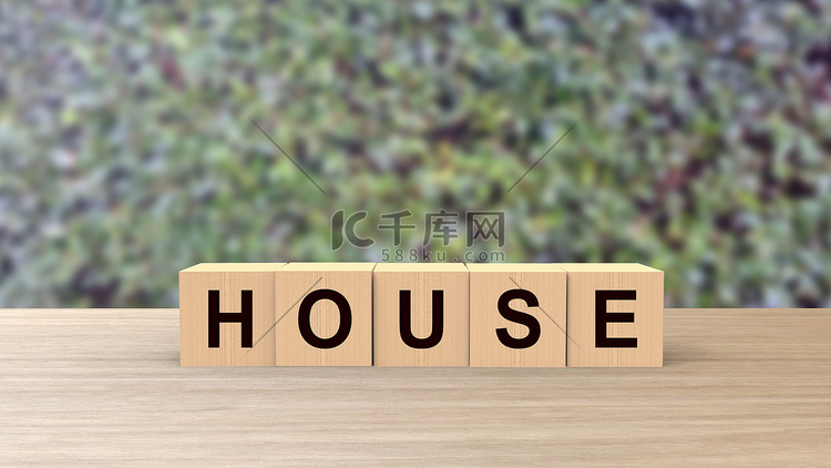 House word Wooden cubes on table horizo ntal over blur background with ...