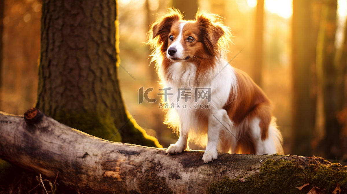 棕色和白色相间的长毛中型狗白天在棕色树干上高清摄影大图-千库网