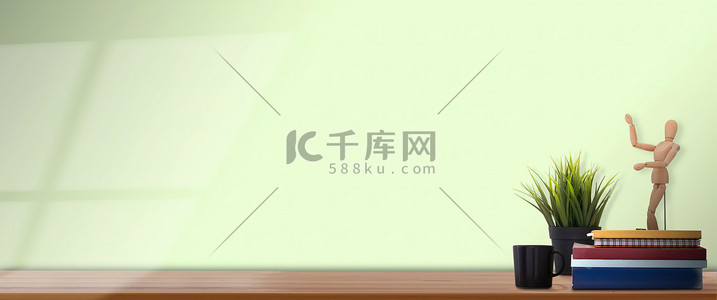 模型：Workspace Desk 工作桌面，配有书籍和咖啡杯。高清摄影大图-千库网