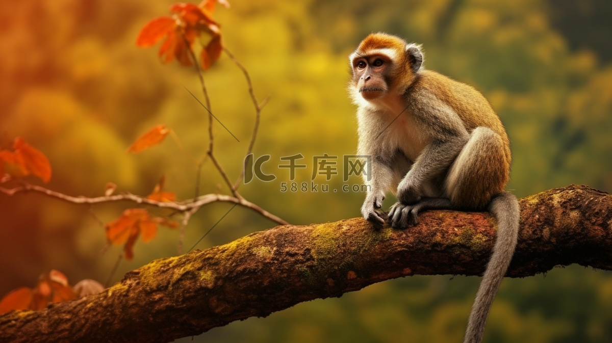 坐在树枝上的棕色猴子高清摄影大图-千库网