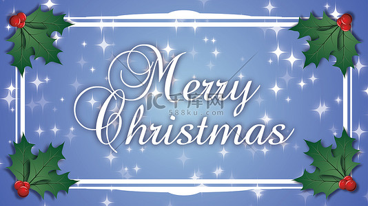 MerryChristmasHolly叶子和浆果蓝色背景高清摄影大图-千库网