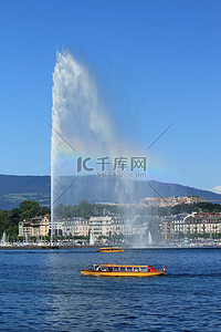 "日内瓦湖上的喷泉和 ""mouette"" 船, Geneva, Switz"高清摄影大图-千库网
