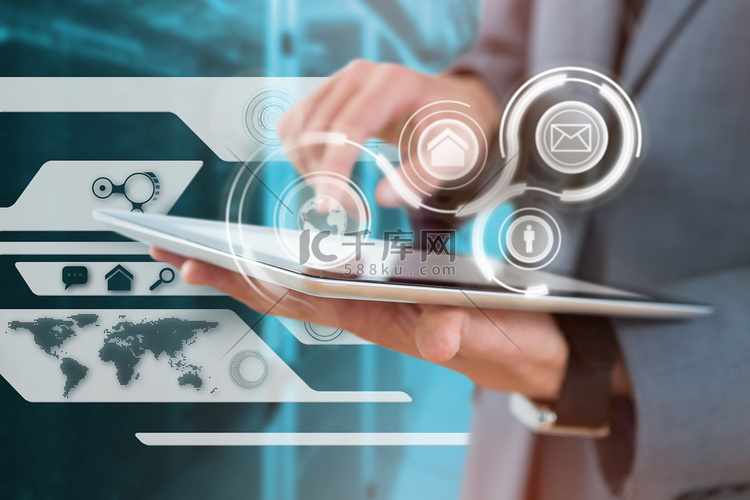 使用无线技术的商人中段的复合图像高清摄影大图-千库网