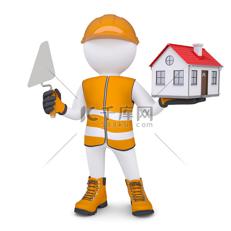 工作服的 3d 男人用抹子和房子高清摄影大图-千库网