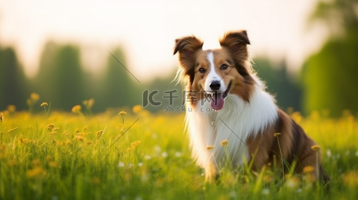 白天绿色草地上的白色和棕色长毛狗高清摄影大图-千库网
