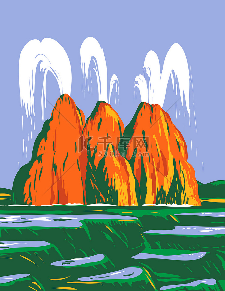 Fly Geyser 或 Fly Ranch Geyser 位于黑岩沙漠 Washoe 县内华达州 WPA 海报艺术高清摄影大图-千库网