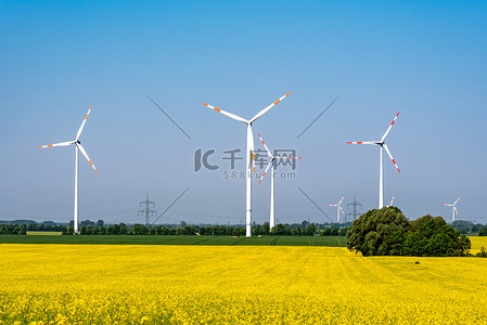 后面有风力发动机的开花油菜籽高清摄影大图-千库网