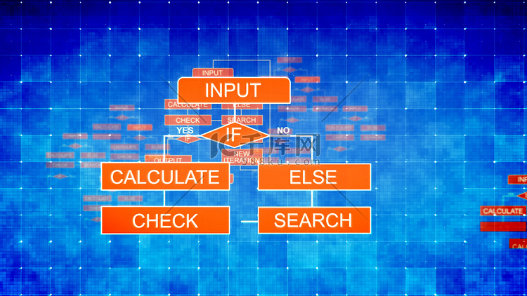 带有红色图标的蓝色算法背景高清摄影大图-千库网