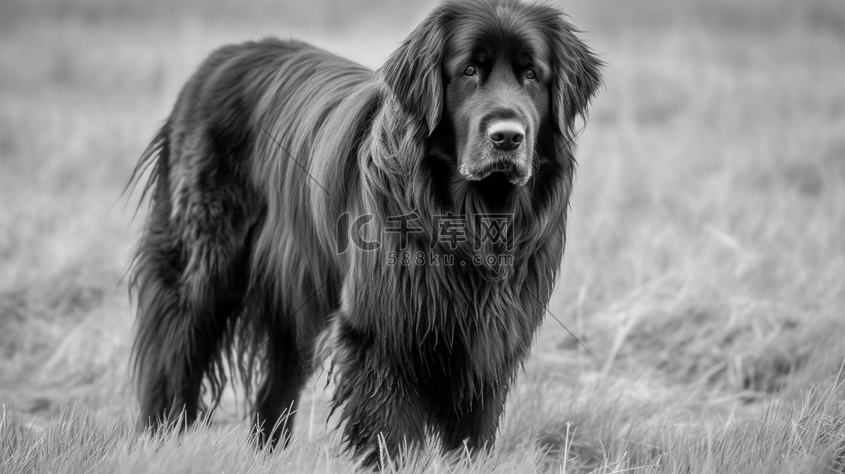 站在草地上的黑白长毛狗高清摄影大图-千库网