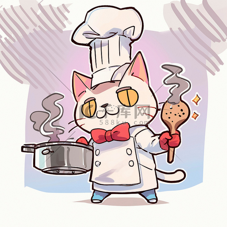 戴着厨师帽的厨师猫的卡通形象，他在厨房里做饭，卡通片高清摄影大图-千库网
